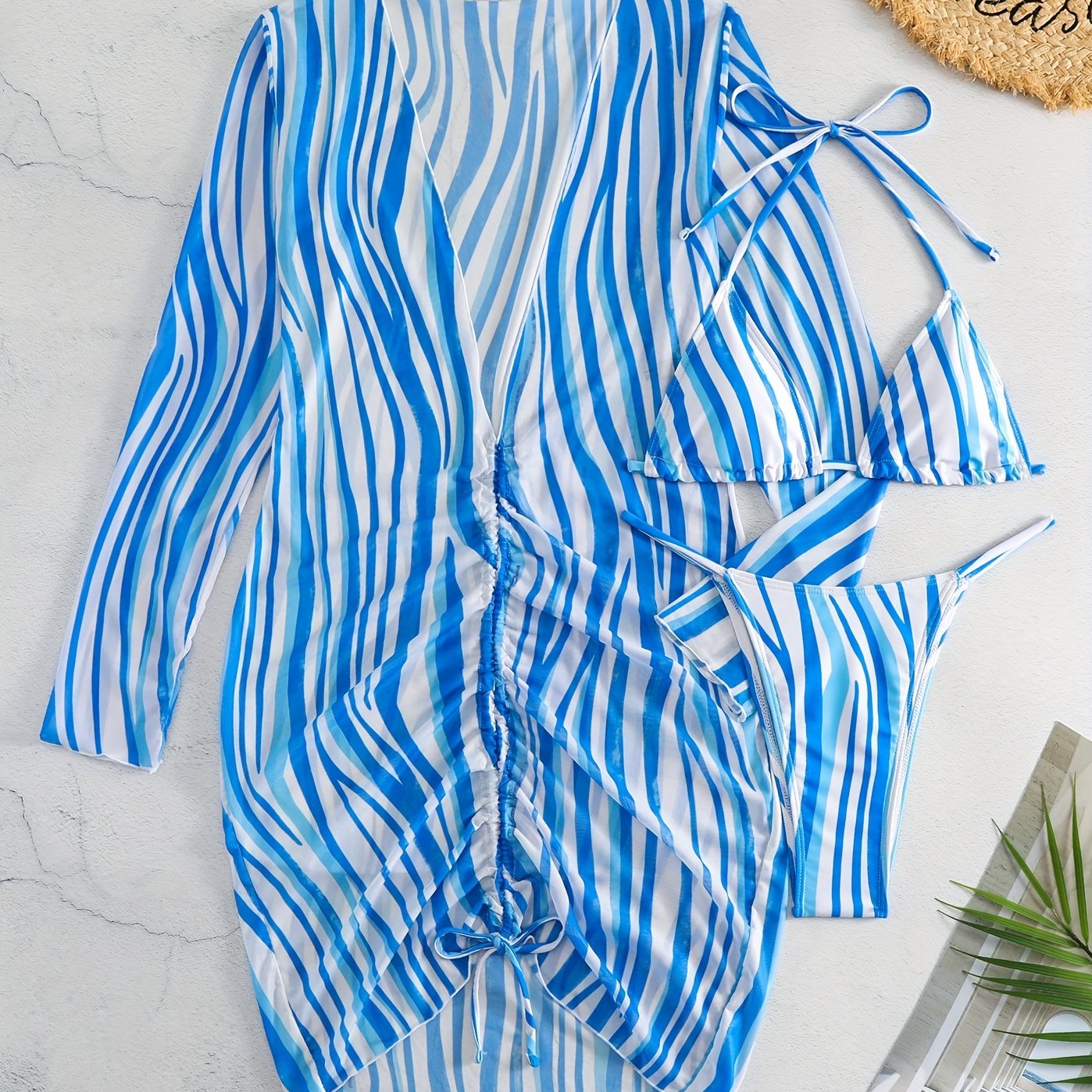 Stripes Print Halter 3 Piece Swimsuit V String Bikini Set – CRAZE