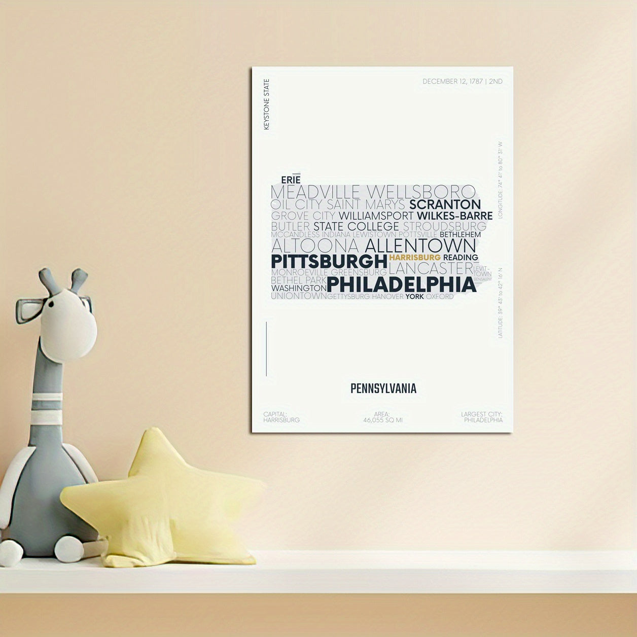 Pennsylvania State Letter Map Sticker Kids Room Wall Poster A4 – CRAZE