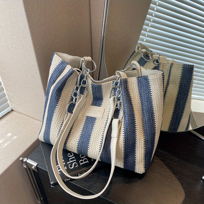 Colorblock Woven Beach Bag Striped Shoulder Tote for Travel – CRAZE
