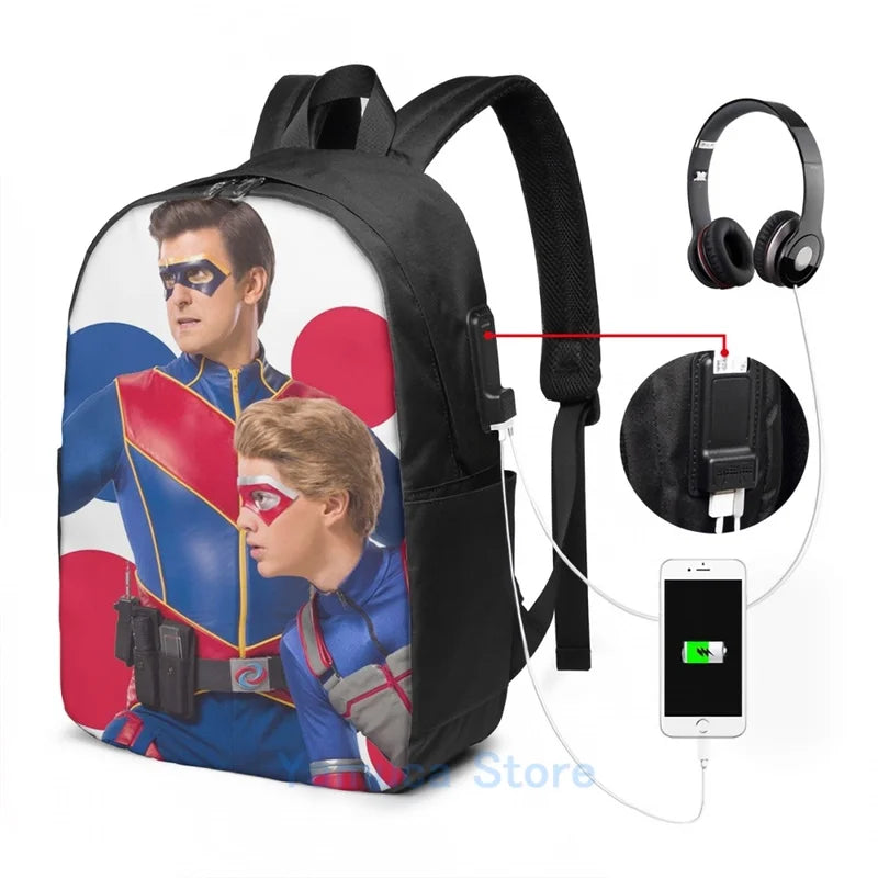 Funny Graphic Bubbles Captain Man and Kid Danger USB Charge Backpack ...